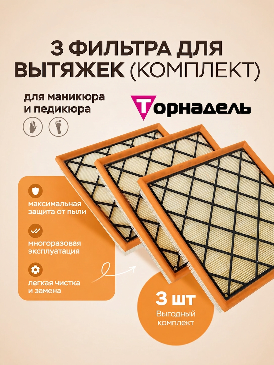 Комплект пылевых фильтров для вытяжек для педикюра и маникюра, 3шт, многоразовые фильтры.