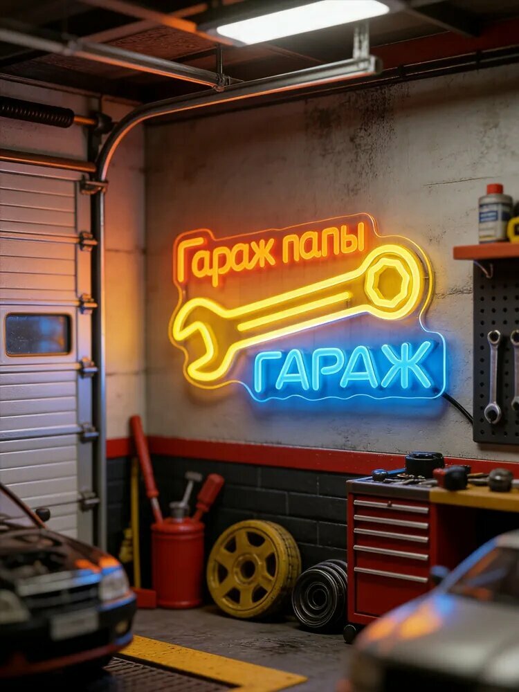 Неоновая вывеска "Гараж папы" LED USB, для гаража и автосервиса, диммер