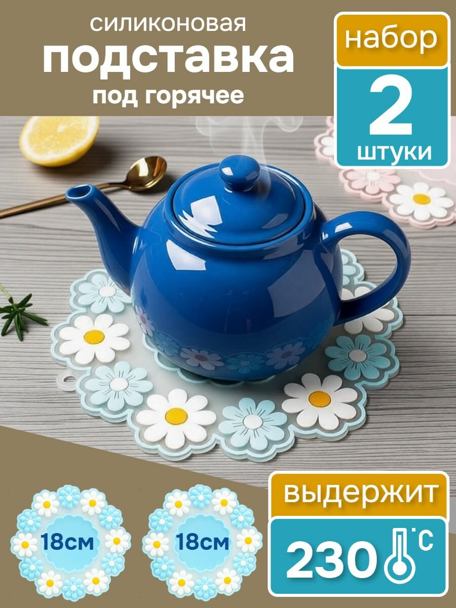Подставка под горячее силиконовая на стол, набор 2 шт, круглая 18 см, голубая