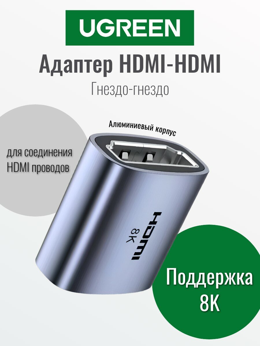 Соединитель HDMI кабелей UGREEN HD159 (90592) HDMI-HDMI (мама-мама) алюминиевый, 8K60Hz