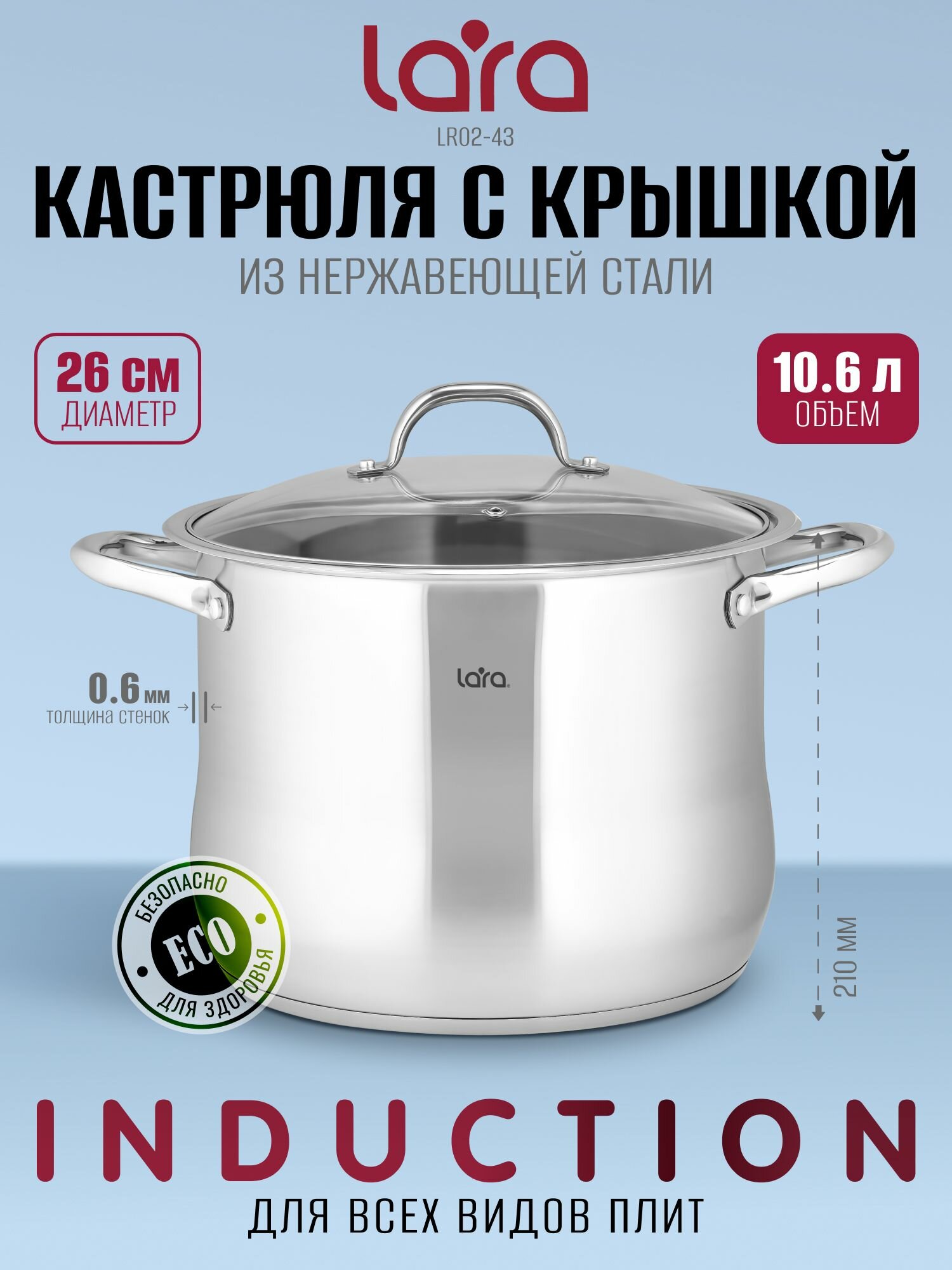 Большая кастрюля с крышкой 10,6 л LARA Big size из нержавеющей стали, для всех видов плит, в т. ч. для индукционных плит LR02-43