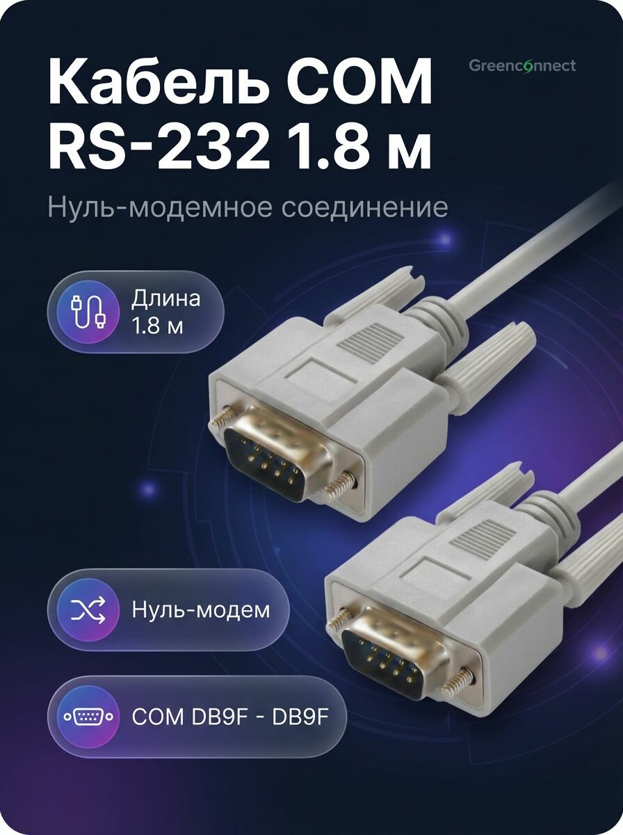 Кабель нуль-модемный Greenconnect GCR-DB902 DB9F-DB9F, RS-232 COM, 1.8 м, экранированный
