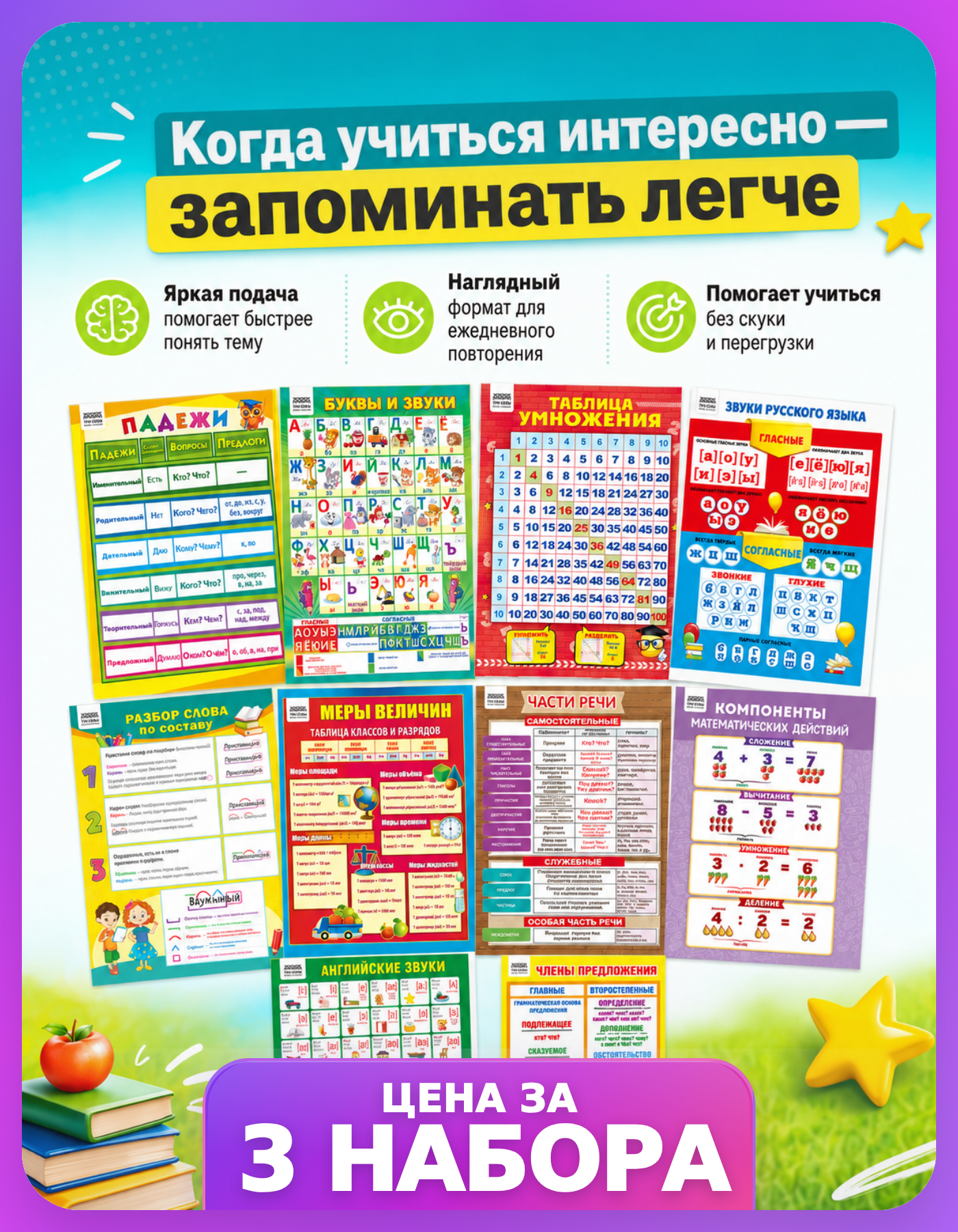 Обучающие плакаты А4 для 1-4 класса, 3 комплекта