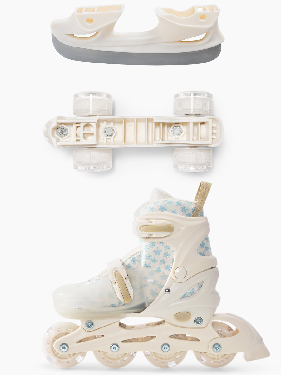 50057, Ролики коньки 3 в 1 раздвижные Happy Baby SKROLLS детские, квады для девочки и мальчика, M (28,5-32), бежевые с цветами