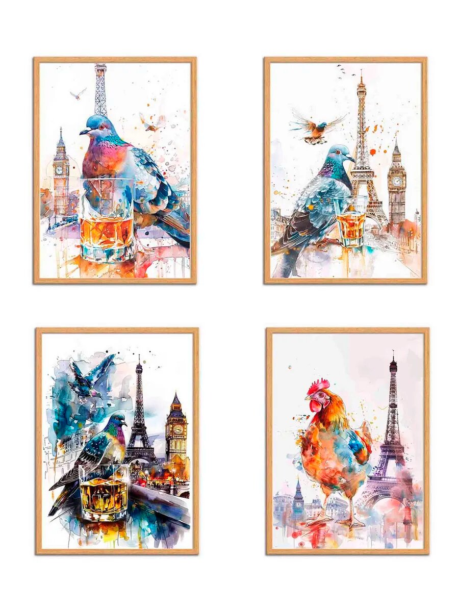 Птица курица Пьет Виски, 4 Плаката, 30x21см