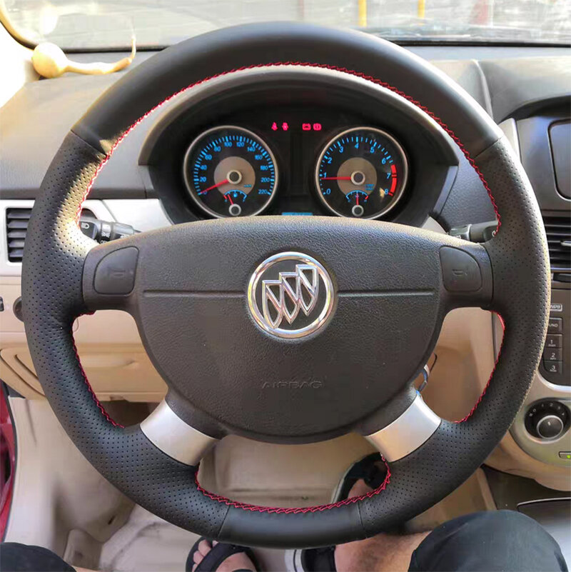 Кожаное рулевое колесо для Buick Excelle 2003-2015, черное с боковыми отверстиями и красной строчкой