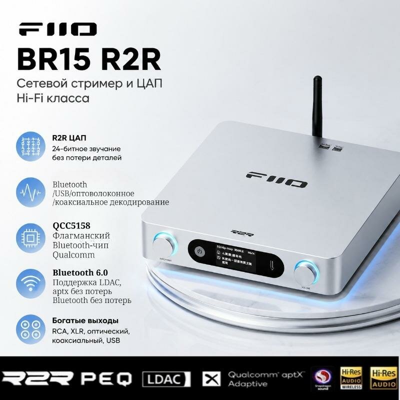 Аудиоприемник FiiO BR15R2r HD Bluetooth, aptX без потерь и LDAC, 24-разрядный ЦАП R2R, USB/оптический/коаксиальный вход