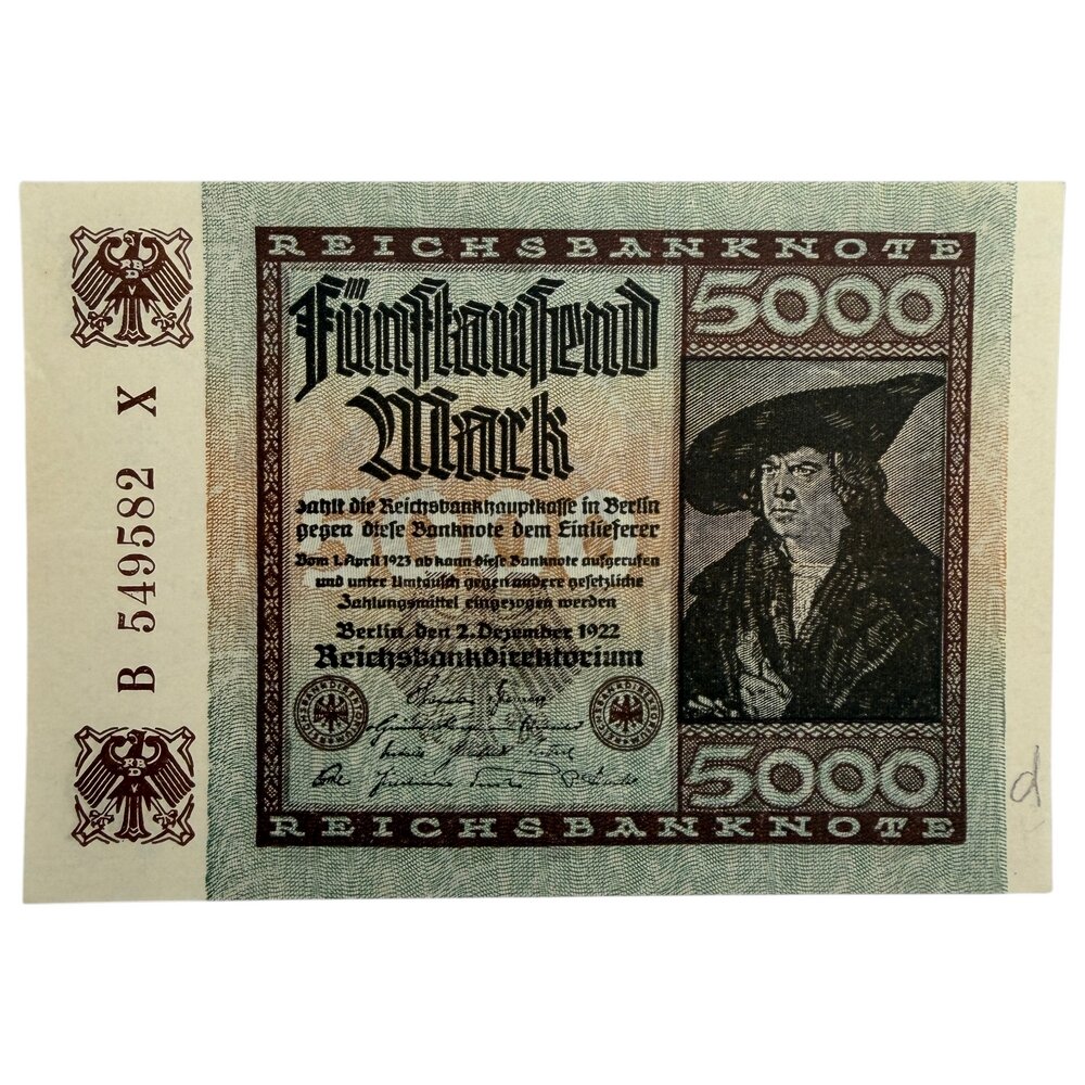 Веймарская республика (Германия) 5000 марок 1922 г. (02.12) (ВЗ - Шипы) (Серия B X)