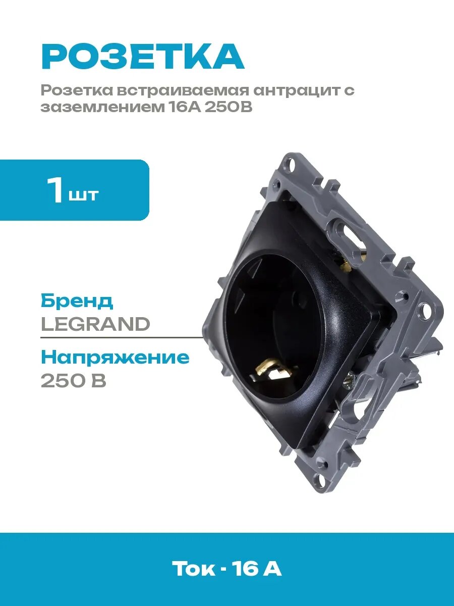 Розетка с заземлением антрацит встраиваемая без шторок