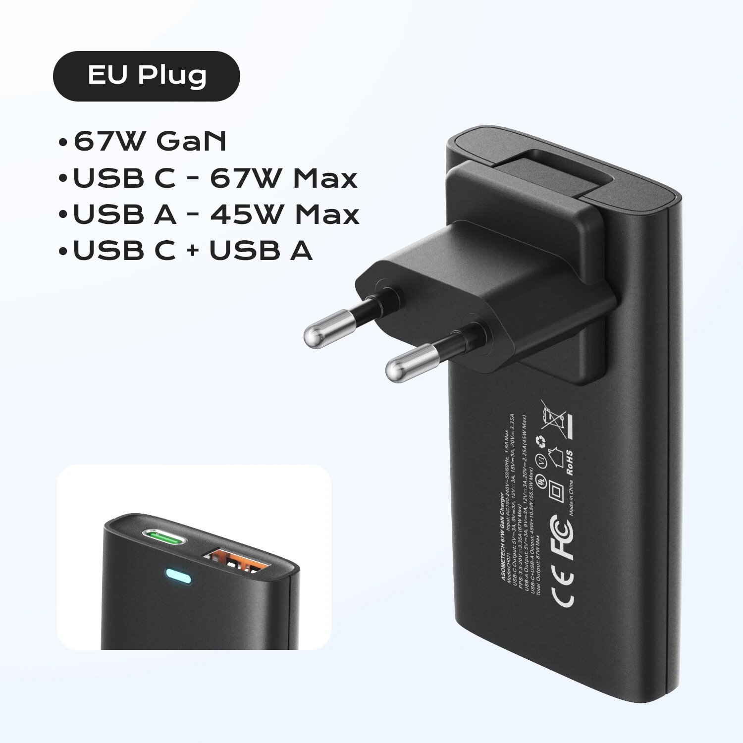 67W GaN USB C быстрое зарядное устройство с поддержкой Quick Charge 4.0, Черный, EU Plug Black