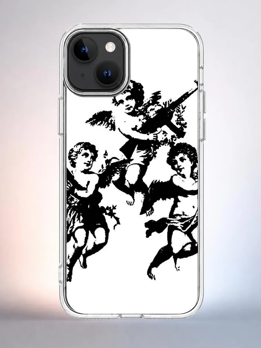 Чехол iPhone 14 ангелы с оружием силиконовый прозрачный