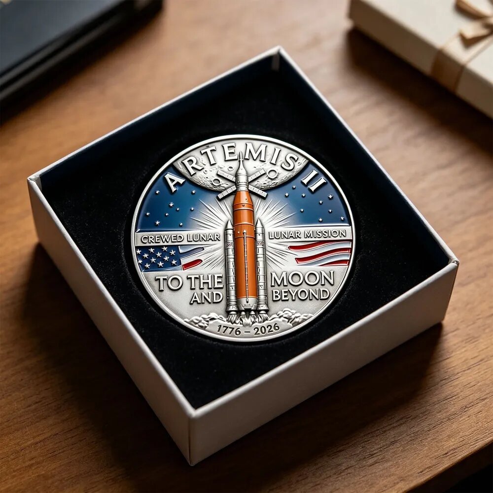 Памятная монета Артемида-2 с изображением ракеты и богини Артемиды