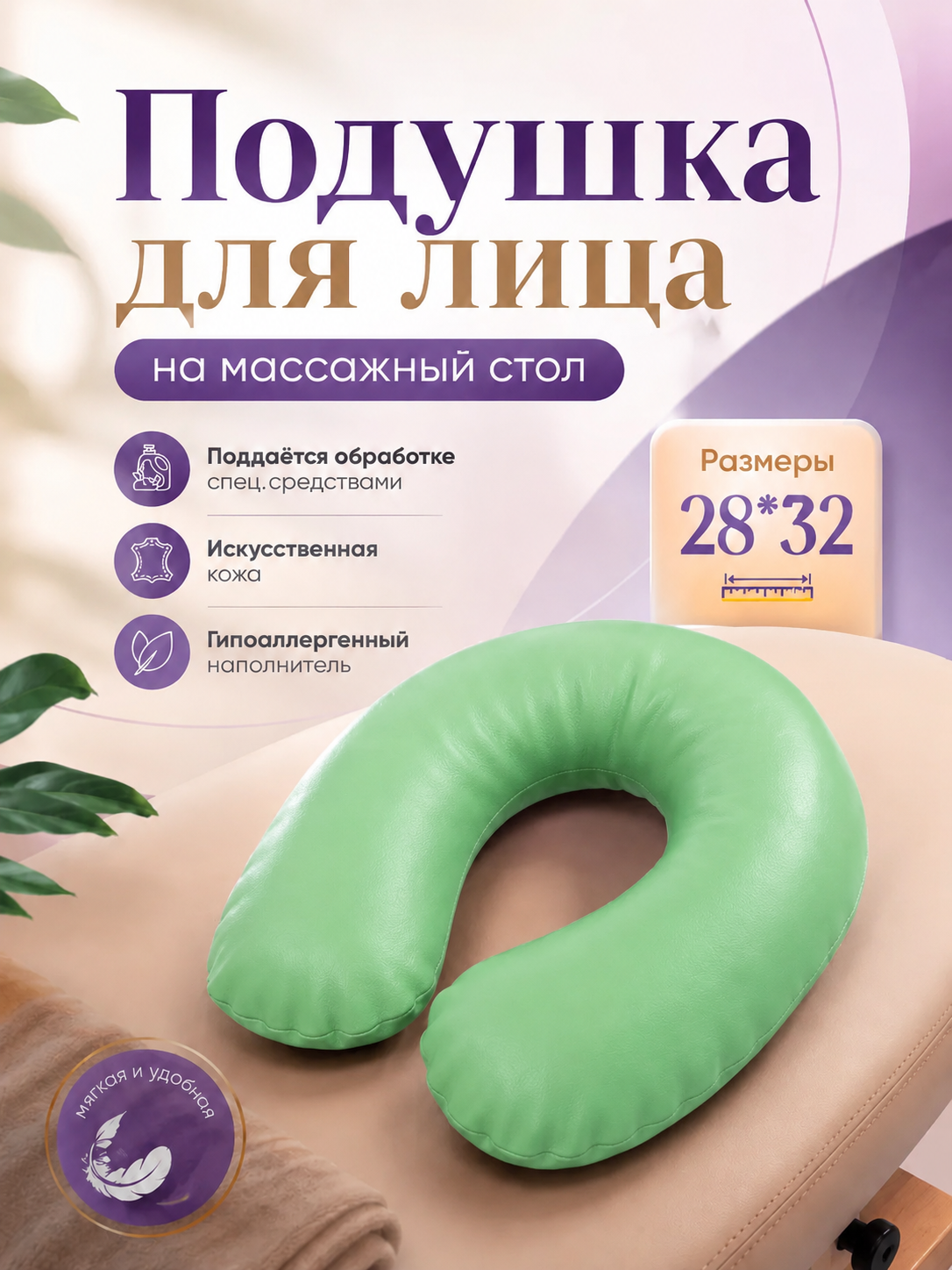 Подушка-рогалик для лица на массажный стол, искусственная кожа, размер 28х32 см