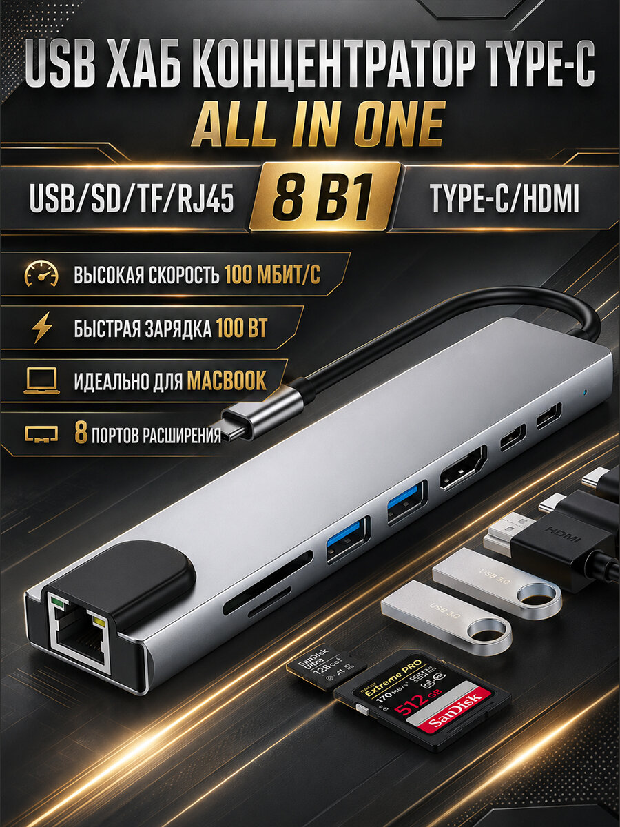 USB 3.0 Хаб концентратор разветвитель 8 в 1 Type-C MacBook HDMI адаптер RJ-45 адаптер картридер