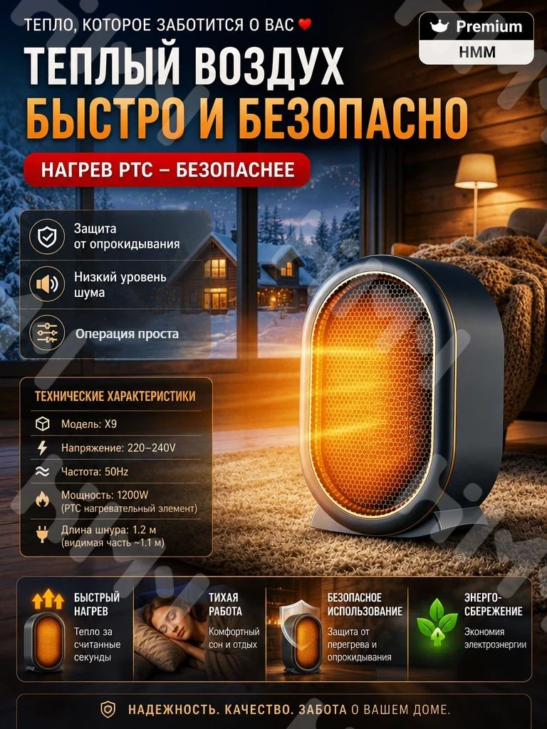 Настольный обогреватель PTC керамика 1200Вт, тихий, портативный, быстрый прогрев помещения