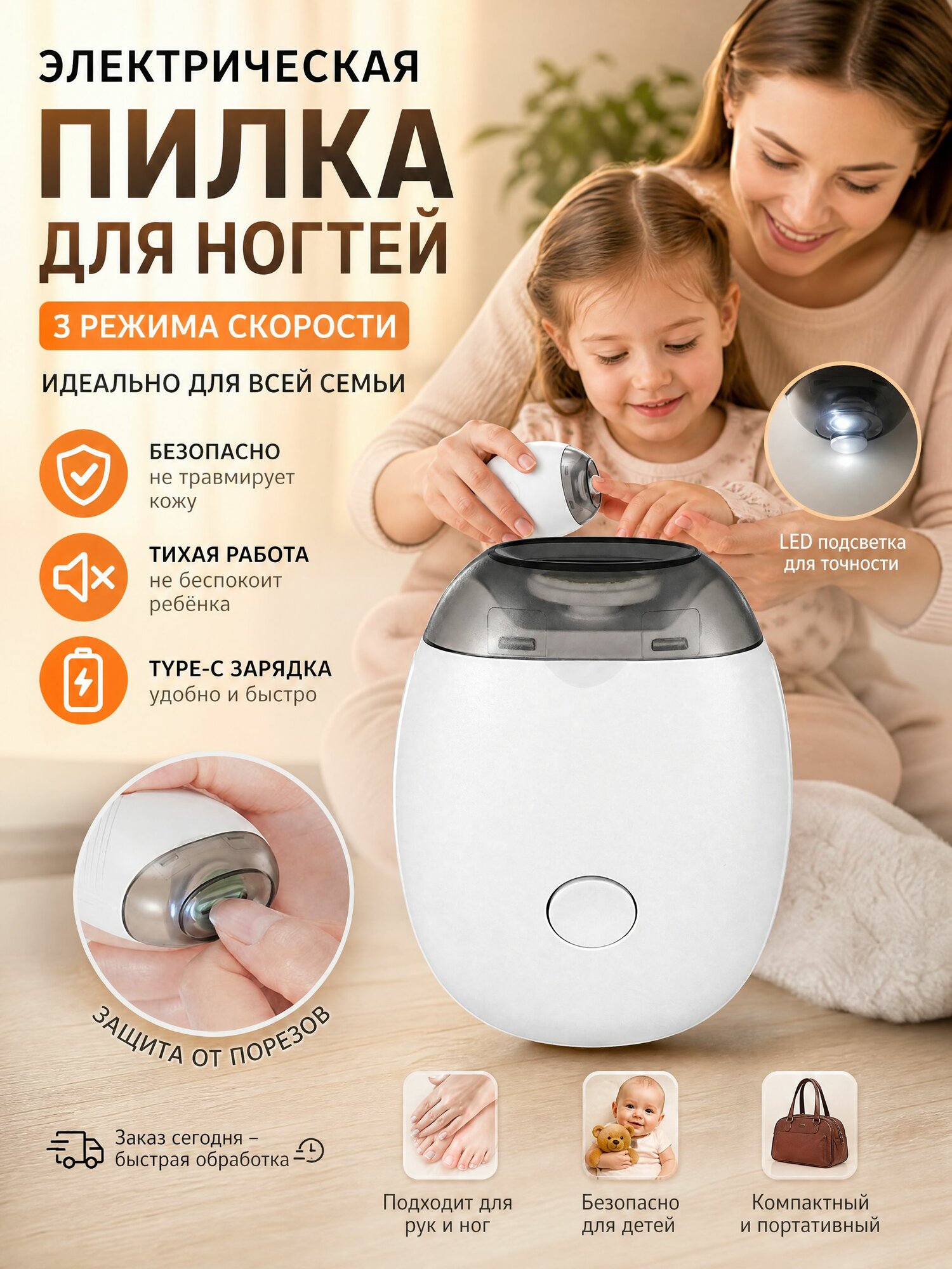 Электрический триммер для ногтей с подсветкой белый корпус прозрачная крышка компактный прибор для маникюра