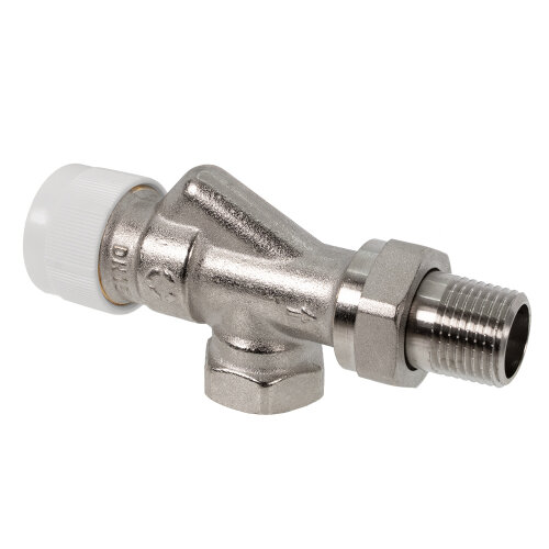 Вентиль Oventrop AVR 9, термостатический, с преднастройкой, осевой, DN-15, 1/2", 1/2", ВН, латунь никелированная, НГ со штуцером, белый колпачок