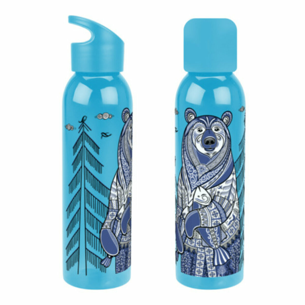 Бутылка для воды «Медведь с рыбой. Мезенские мотивы (т)» (голубой)