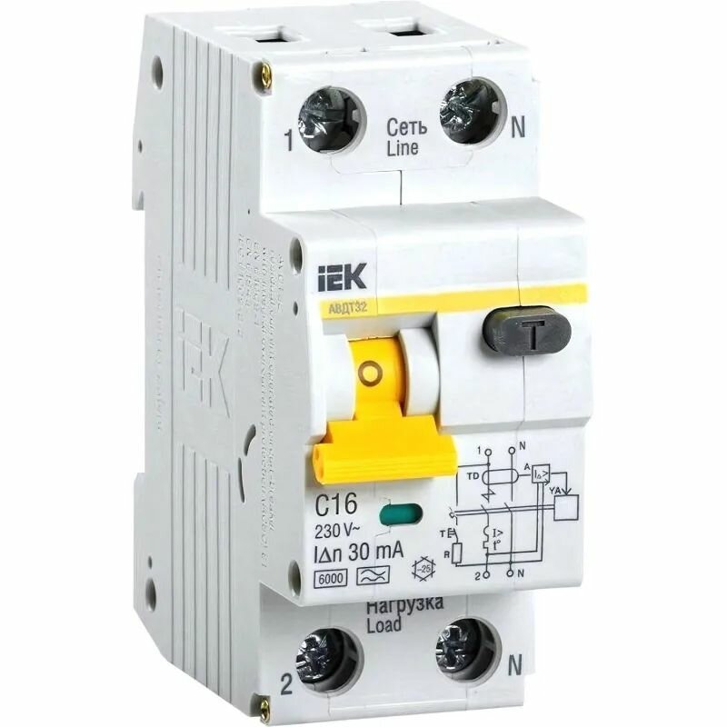 Выключатель автоматический дифференциального тока IEK АВДТ-32 2п (1P+N) C 16А 30мА A 6кА