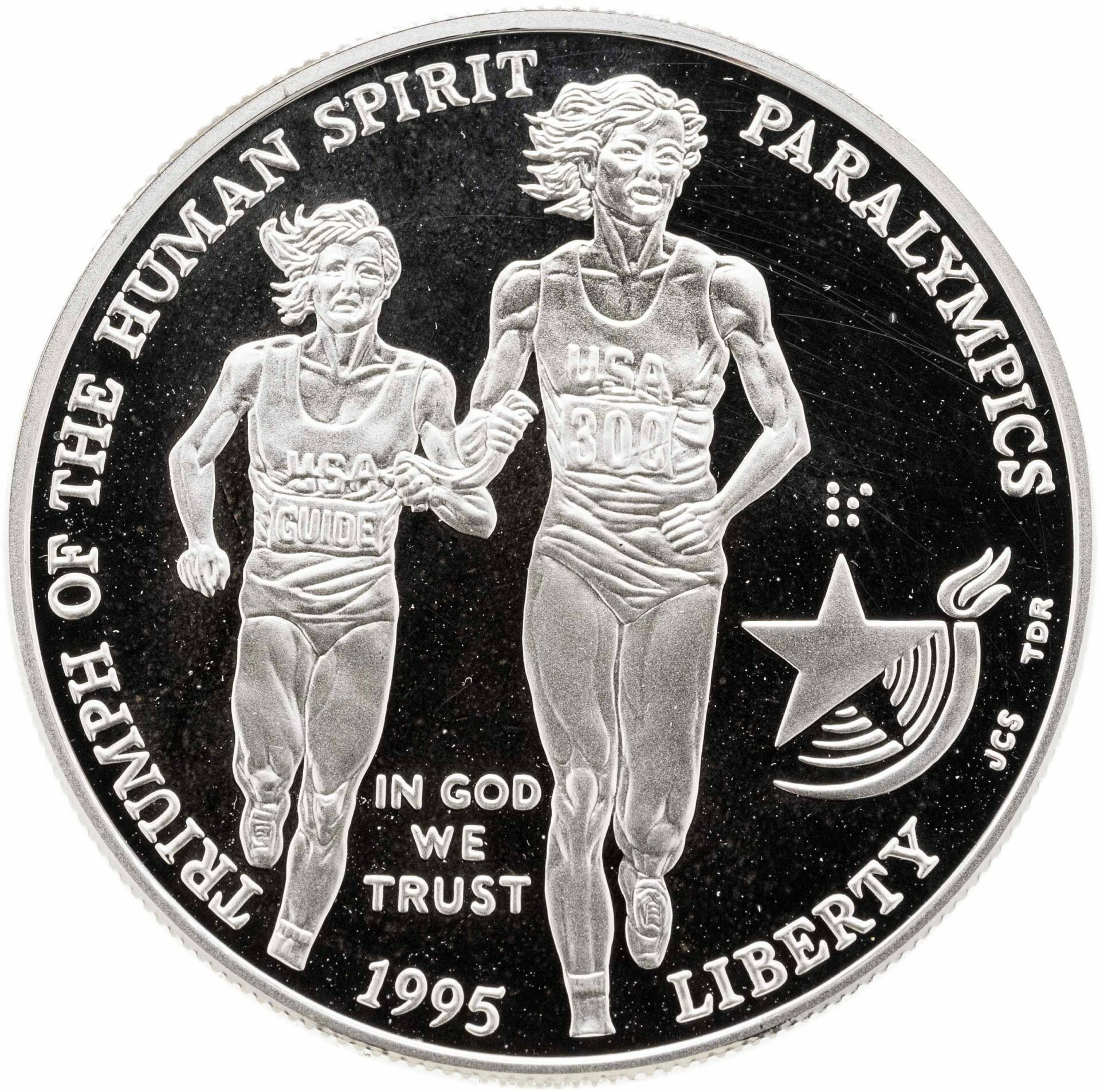 США 1 доллар 1995 "XXVI летние Олимпийские Игры, Атланта 1996 - Бег, Паралимпийские игры", Серебро 900, в сохранности Proof