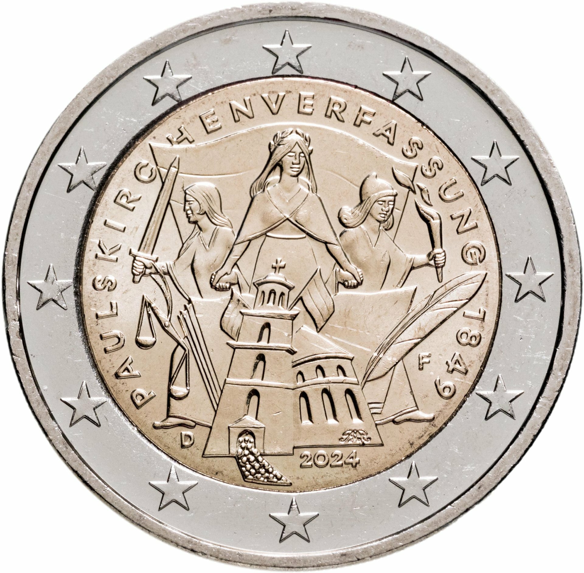 Германия 2 евро 2024 "175 лет Конституции Паульскирхе" двор F, Биметалл, в сохранности UNC