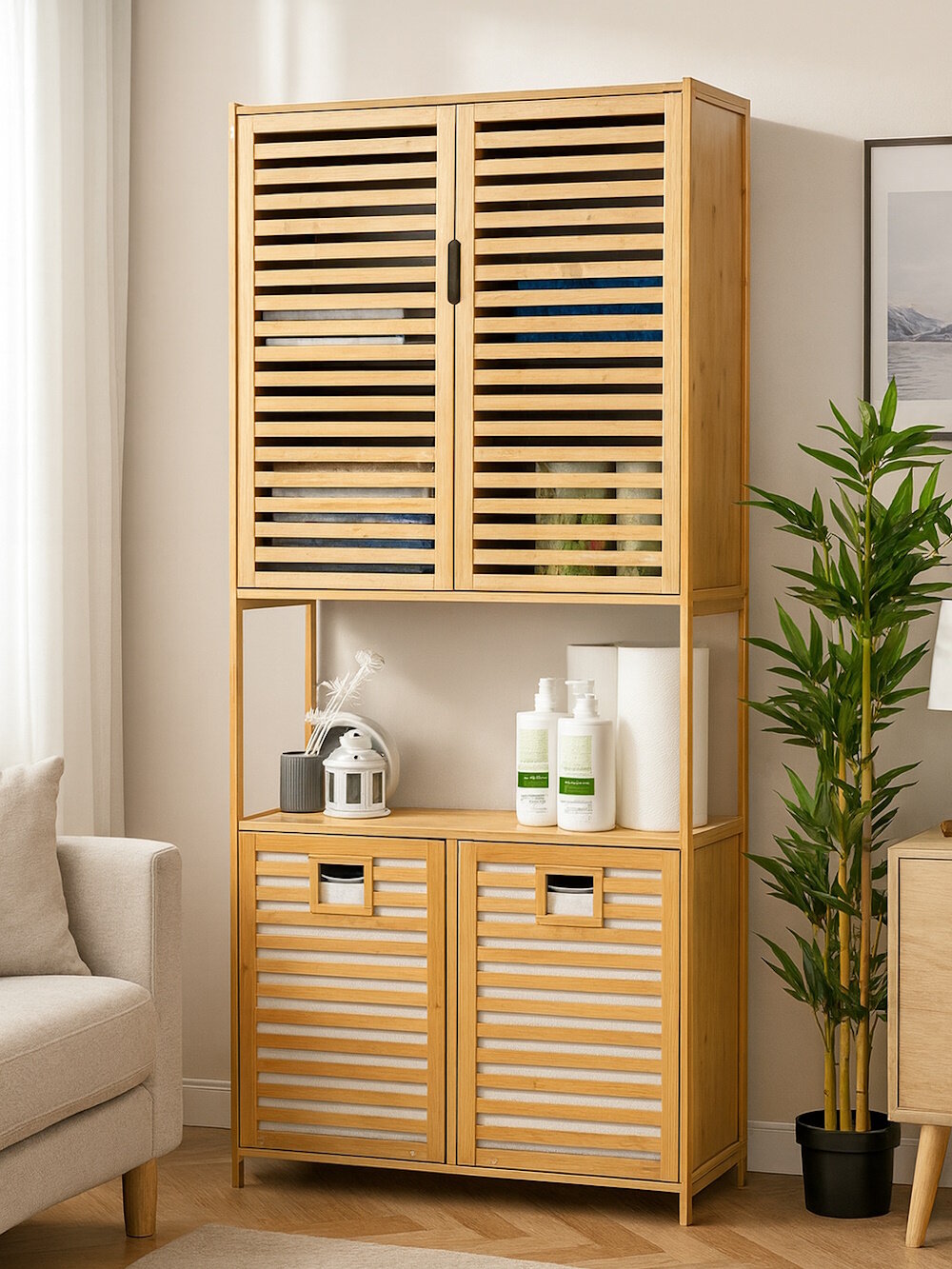 Стеллаж в ванную с корзиной для белья, этажерка для ванной Bambuchka, 80х33х180 см, натуральный бамбук