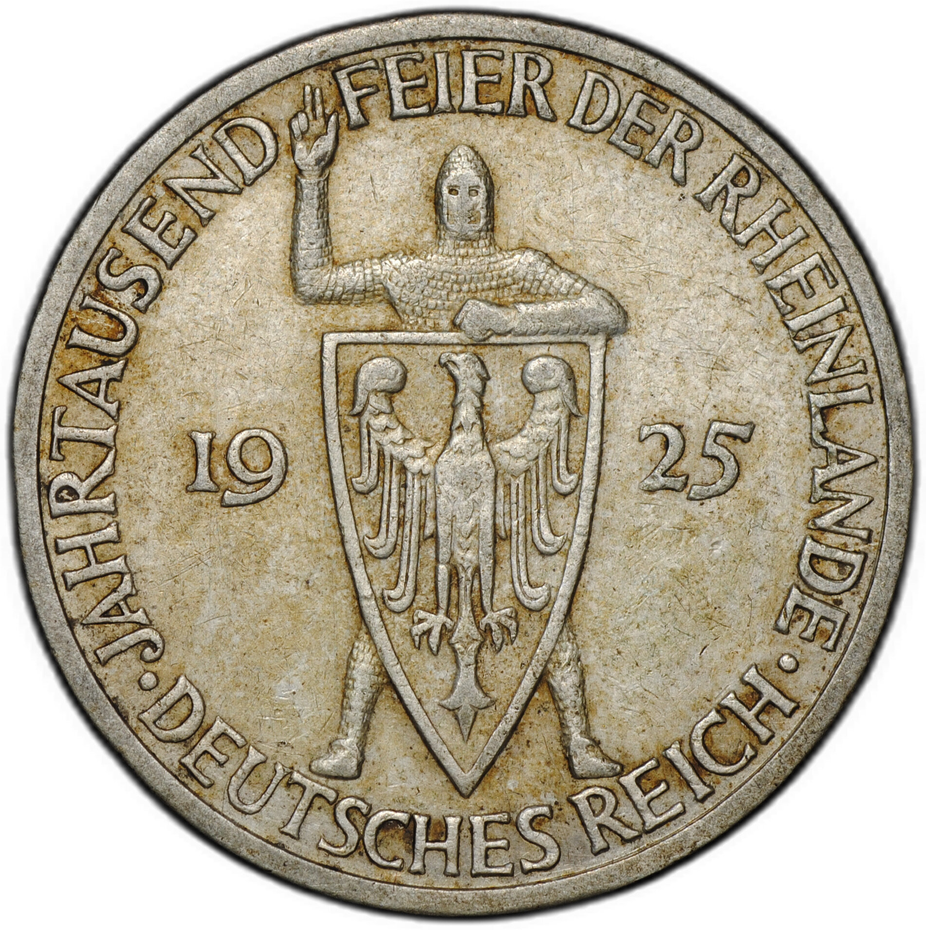 Монета 3 рейхсмарки (марки) 1925 J Тысячелетие Рейнской области Рейнланд Германия