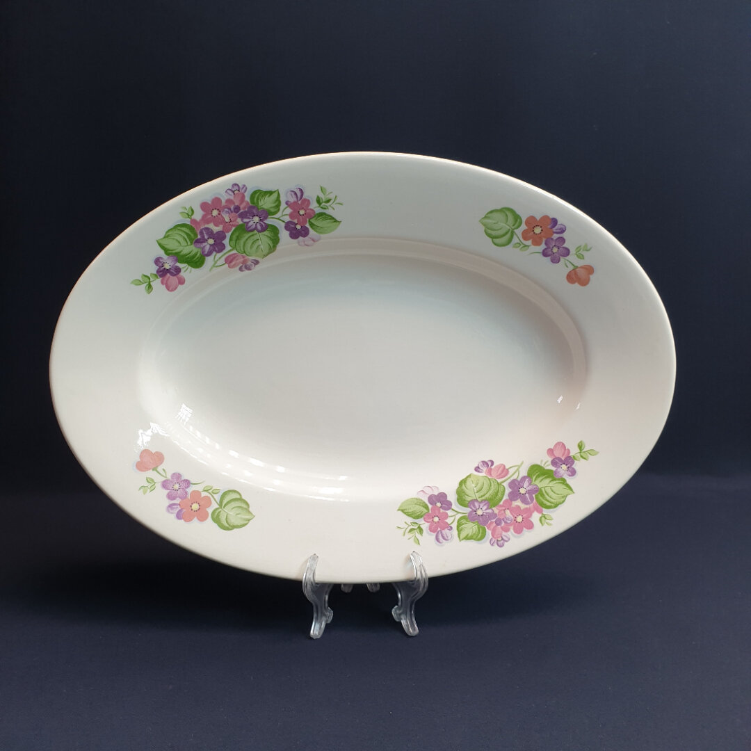 Овальное блюдо Конаково, фаянс деколь 35х24 см, скол, винтаж СССР