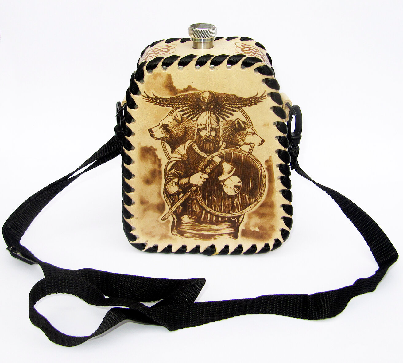 Подарочная фляга (1 литр нерж. сталь) в кожаной (бежевой) оплетке "воин" ручная работа Россия.