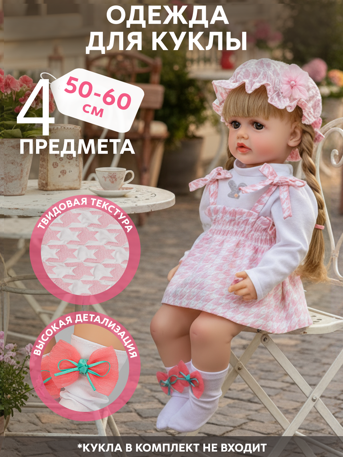 Одежда для куклы 50 - 60 см, 4 предмета , BestLike, розовая.