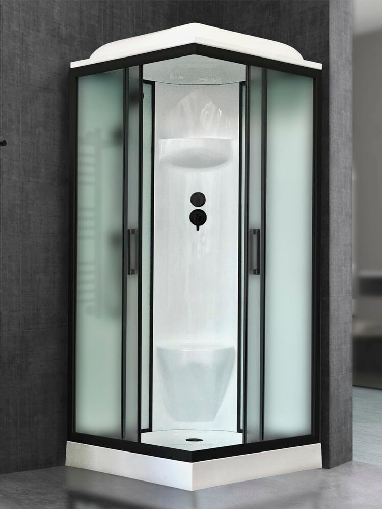 Душевая кабина Royal Bath 90x90x217 квадратная, матовое стекло 6 мм, чёрный профиль, раздвижные двери, низкий акриловый поддон 13 см