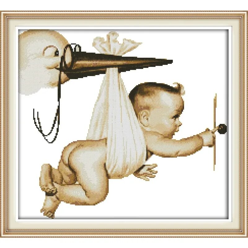 Набор для вышивки крестом "Летающий ребенок с птицами", 14ct print canvas