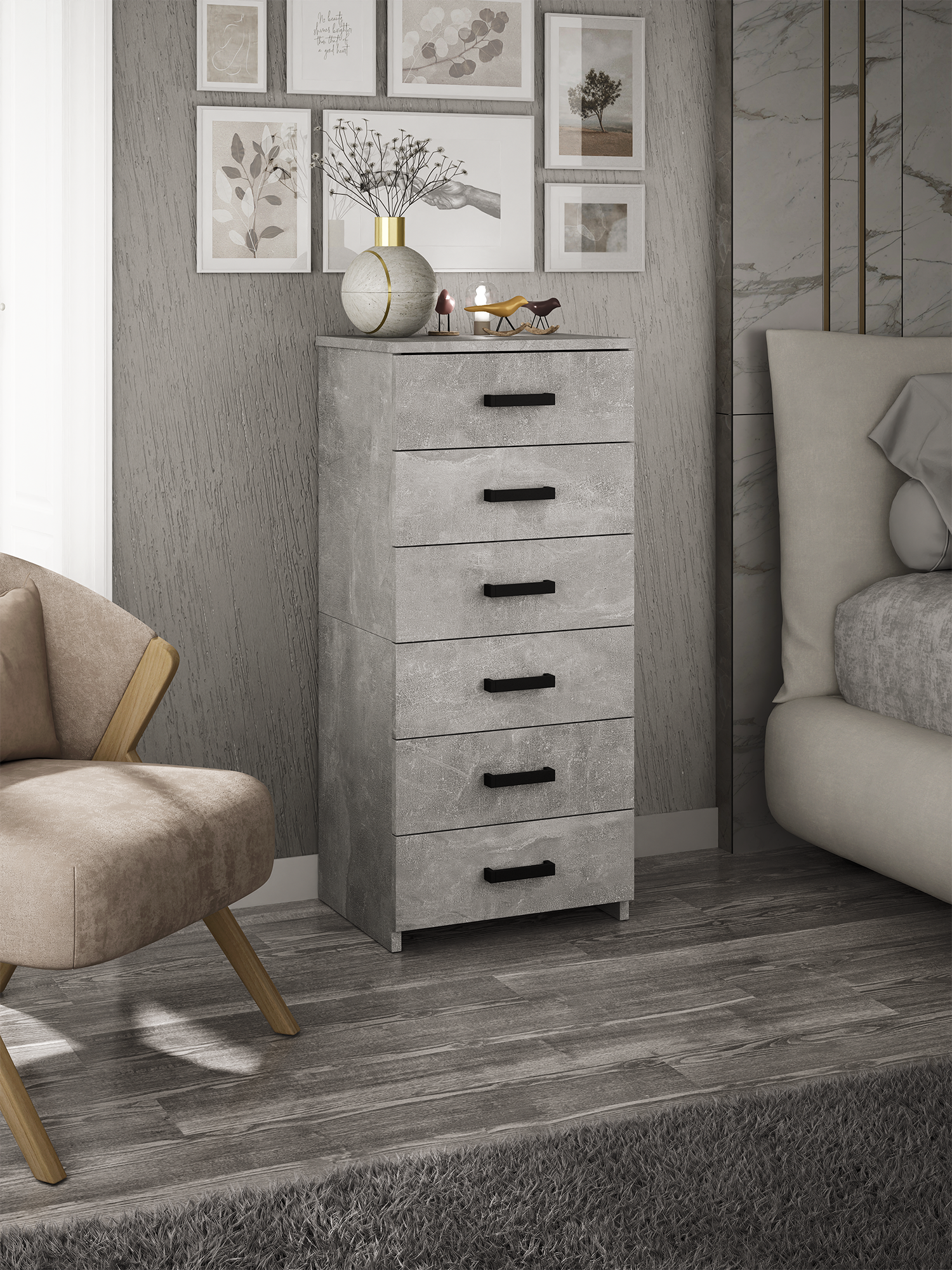 Комод MFMaster Vitto-69, ЛДСП, бетон, 6 ящиков, 40,4 x 32,2 x 90,2 см