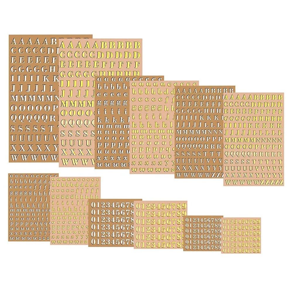 Наклейки из смолы с буквами, 12 листов, маленькие наклейки с буквенными цифрами, сплав, самоклеящиеся, золото и серебро, высота 3 мм / 4,5 мм