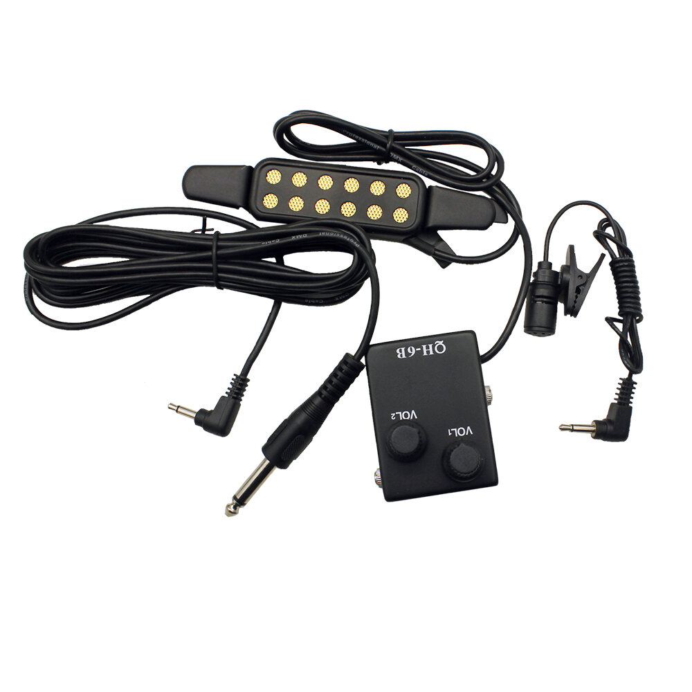 QH-6B 12-hole Magnetic Sound Hole Guitar Pickup Transducer Kit with Volume Controller Lapel Tie Clip Microphone Audio Cable for 38"/39"/40"/41" Acoustic Guitar