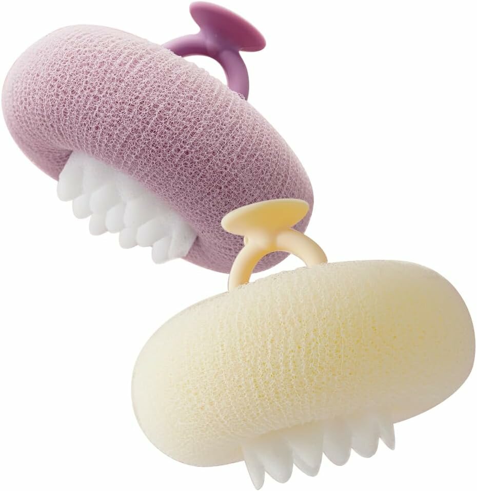 2 Pack Bath Body Brush Exfoliating Body Scrubber Bath Shower Sponge Cream and Purple Wet and Dry Scrubber 2 Pack