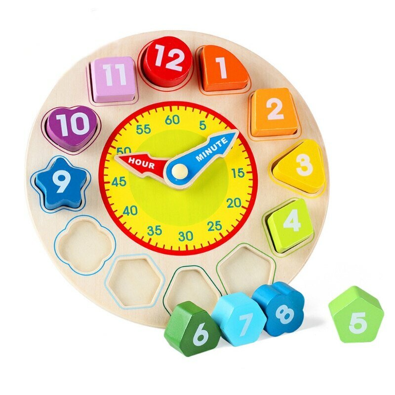 Деревянная форма цвета выравнивания часы - образовательное время номер блок головоломки стековки сортировка текстиль Монтессори раннее обучение игрушка подарок ()