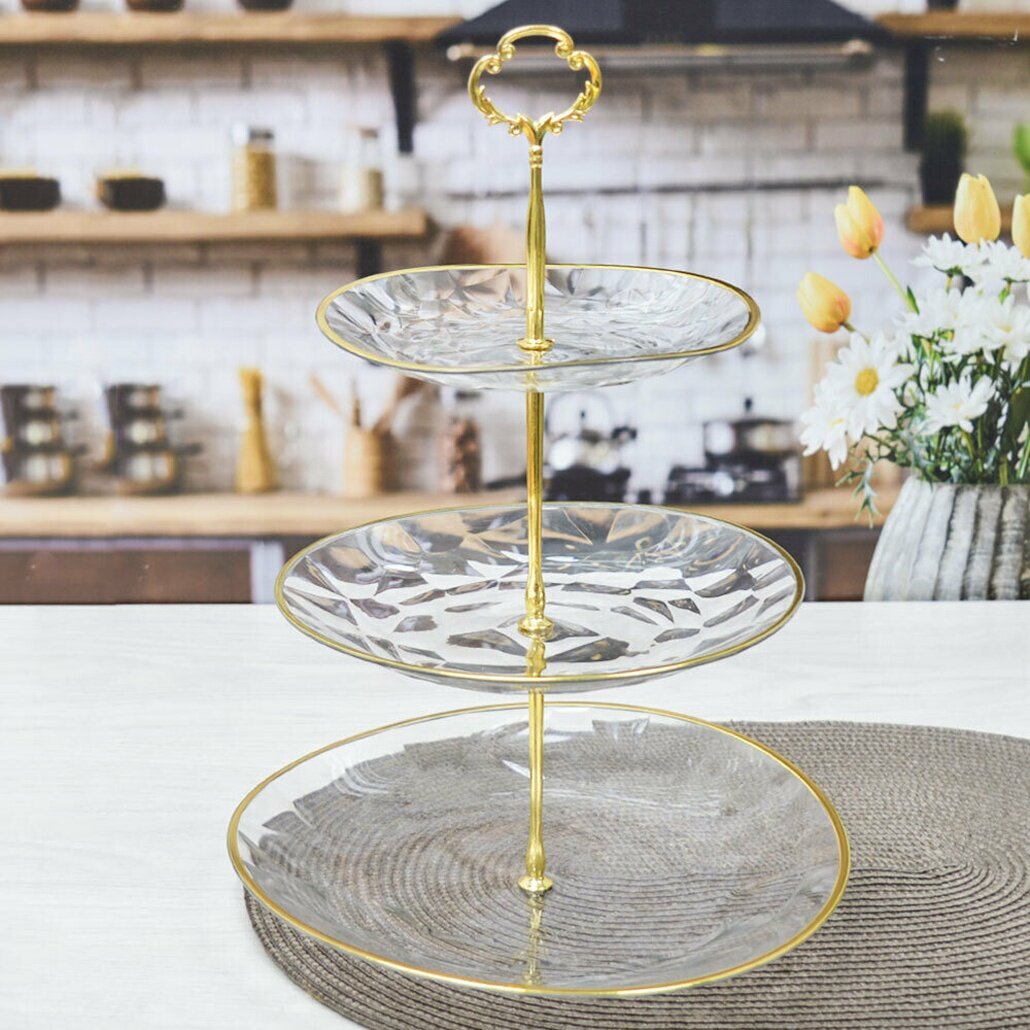 Фруктовница 3-х ярусная 35х24см, пластиковая, прозрачная с золотой каймой