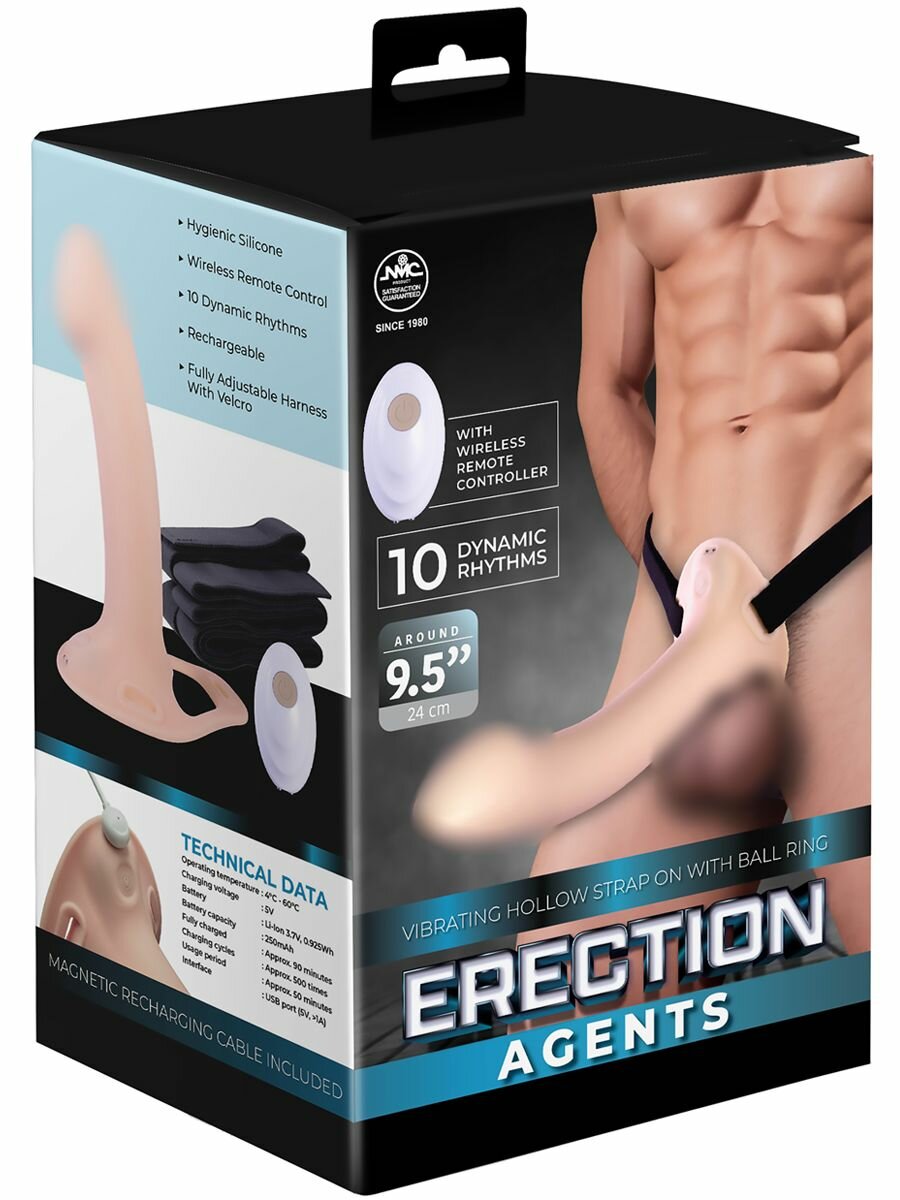 Мужской фаллопротез c вибрацией "9.5 Inch Rechargeable Silicone Vibration Hollow Strap On With Ball Ring Flesh " 24см