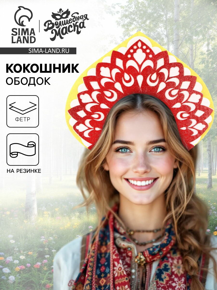 Ободок кокошник "Варвара-краса" из фетра, с блёстками, цвет: жёлтый