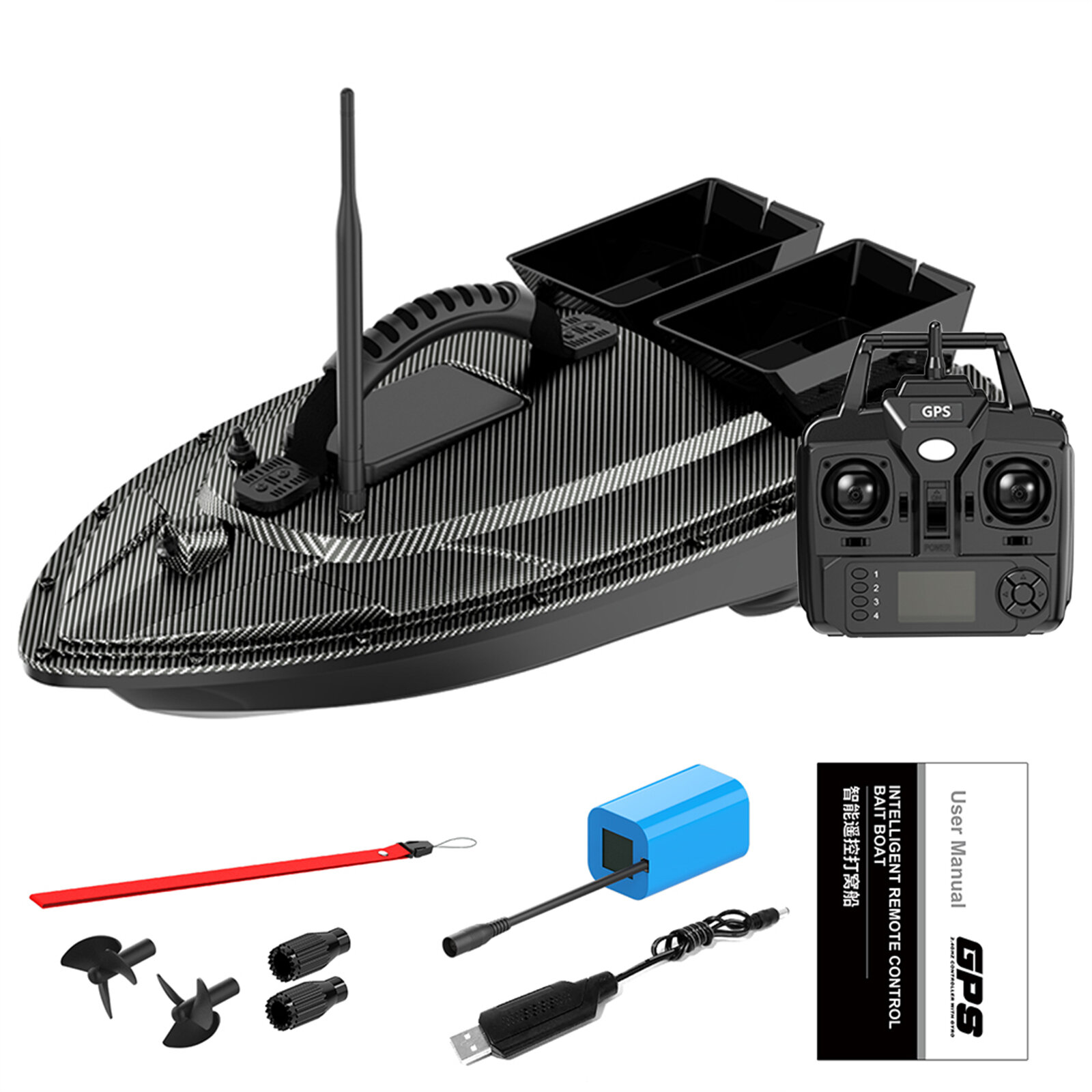 Лодка-приманка RC 500 метров GPS 40 точек позиционирования 2 бункера 1.5 кг автоматическое возвращение цвет углеродное волокно материал ABS пластик время управления 2 ч время зарядки 4 ч размер 50*27*20 см вес 1926 г батарея 7.4V 5200/12000mAh
