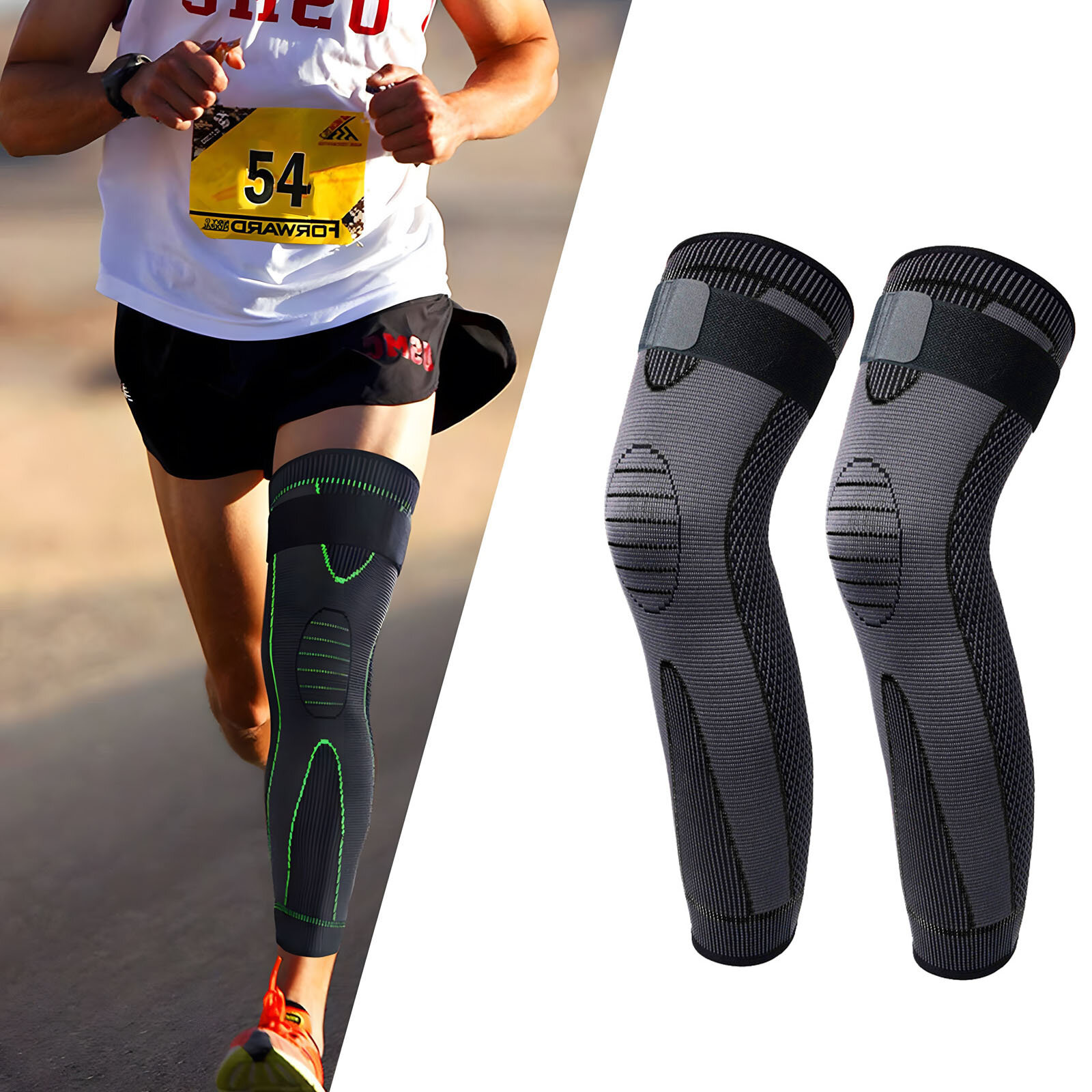 1 пара Компрессионных легинсов с эластичными ремнями для мужчин и женщин, сверхдлинные коленные подручки размеры M, L, XL цвета Зеленый, Черный для баскетбола, футбола, коленного боля, тренировок, артрита, бега, АКЛ, фитнеса, велоспорта, альпинизма,