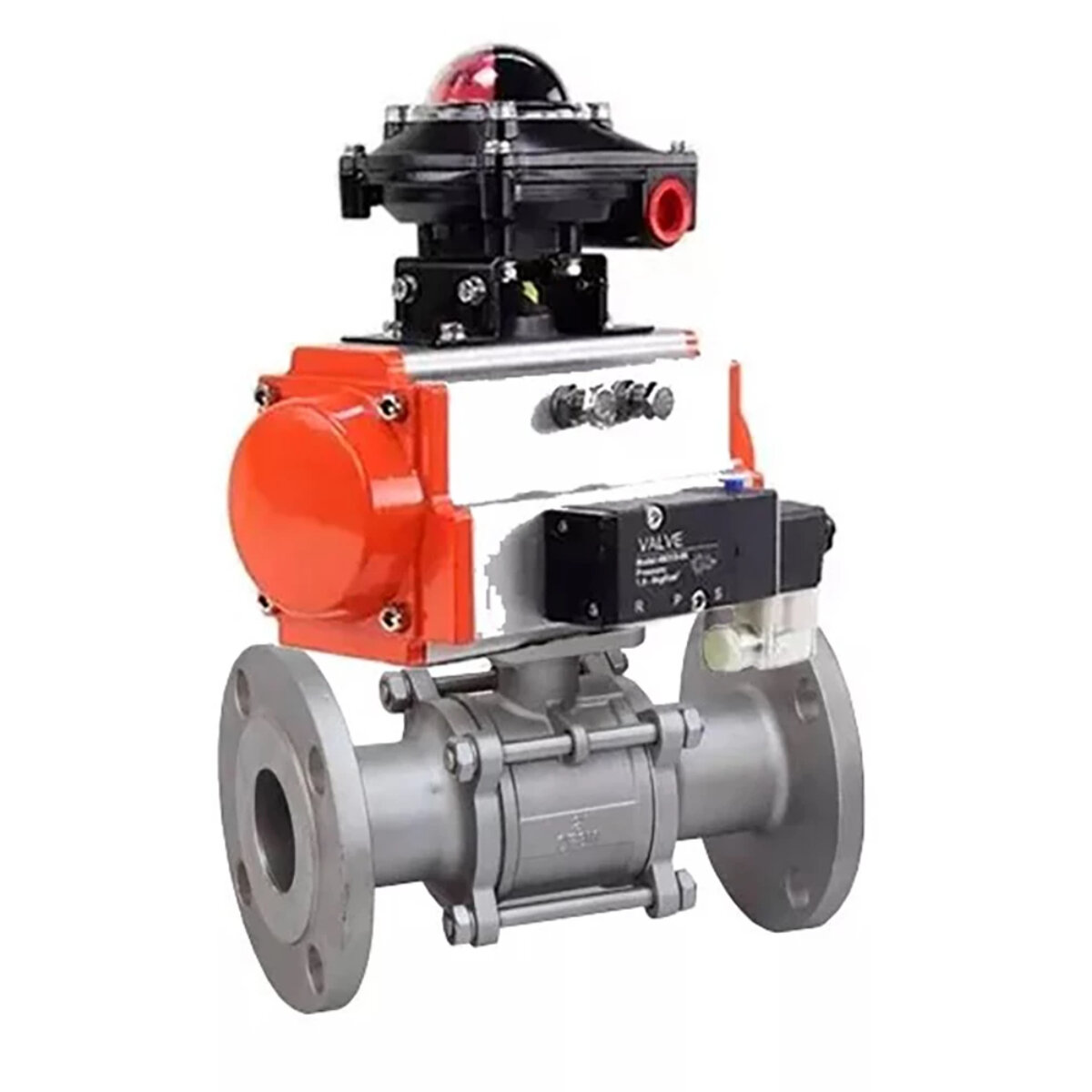 Кран шаровой DN.ru кшфпт 304.180 Ду65 Ру25 фланцевый, полнопроходной, трехсоставной, корпус - нержавеющая сталь 304, уплотнение - PTFE, с пневмоприводом SA-105, пневмораспределителем PND1-S2EM-52-2-T10-220VAC и БКВ LSB-510-02ExM12-250 (опрессовано)