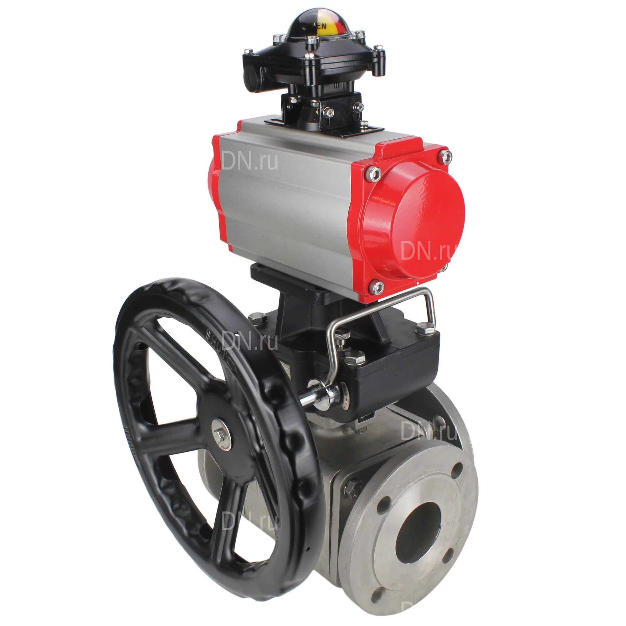 Кран шаровой DN.ru 316-316-PTFE Ду40 Ру16 полнопроходной, тип L, фланцевый, корпус - нержавеющая сталь SS316, ISO-фланец F05/F07 квадрат 14х14, с пневмоприводом DA-065 двойного действия, БКВ LSB-210-02NM12-220/24 и ручным дублером HDM-1