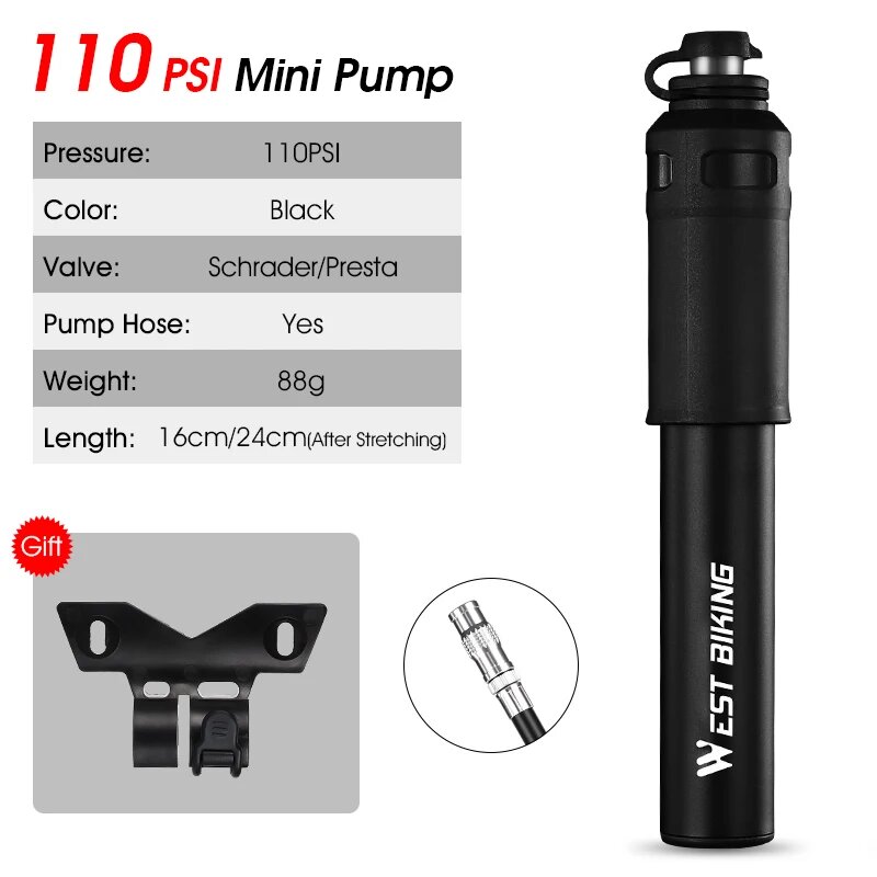 WEST BIKING Портативный велосипедный насос 130 PSI 110 PSI Black