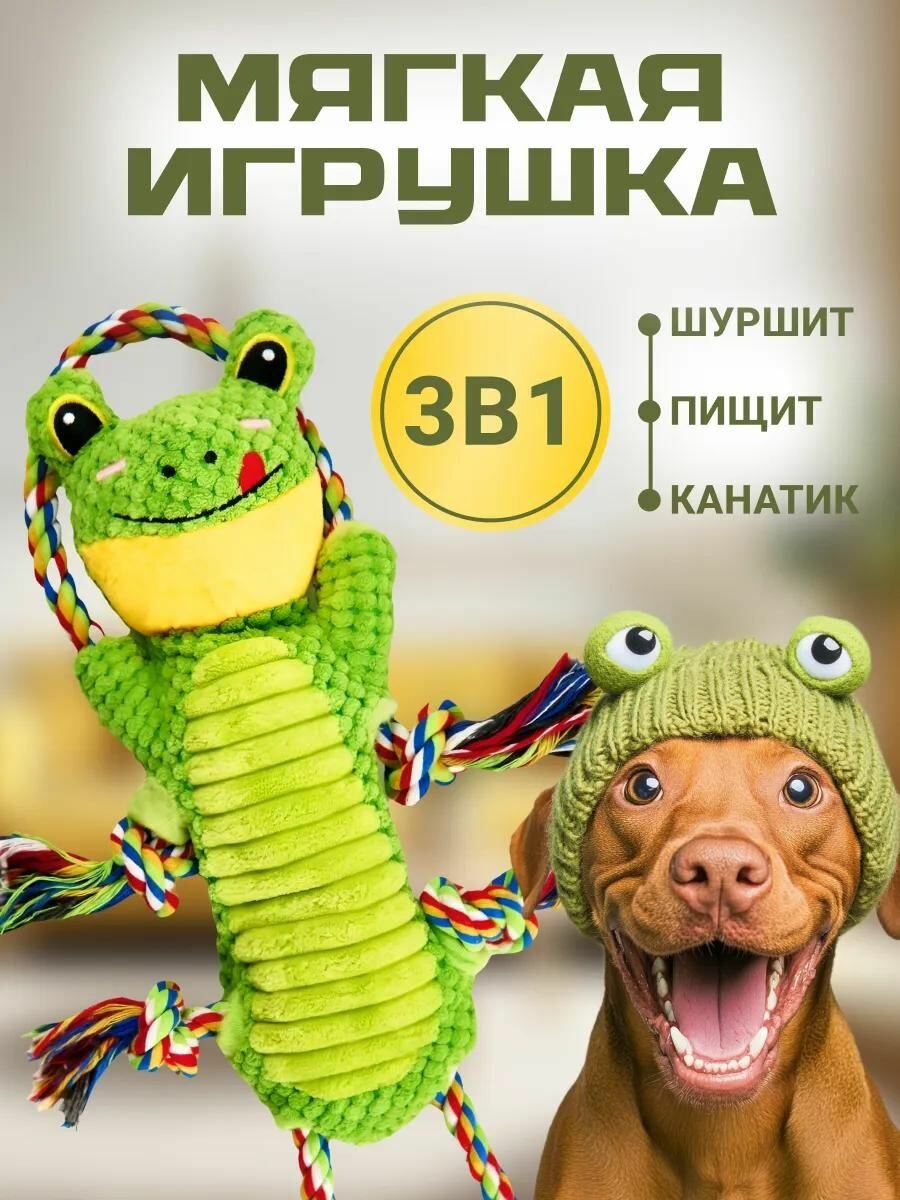 Игрушка для собак BIG tiny "Лягушка", с канатом, для зубов, шуршащая, зеленая