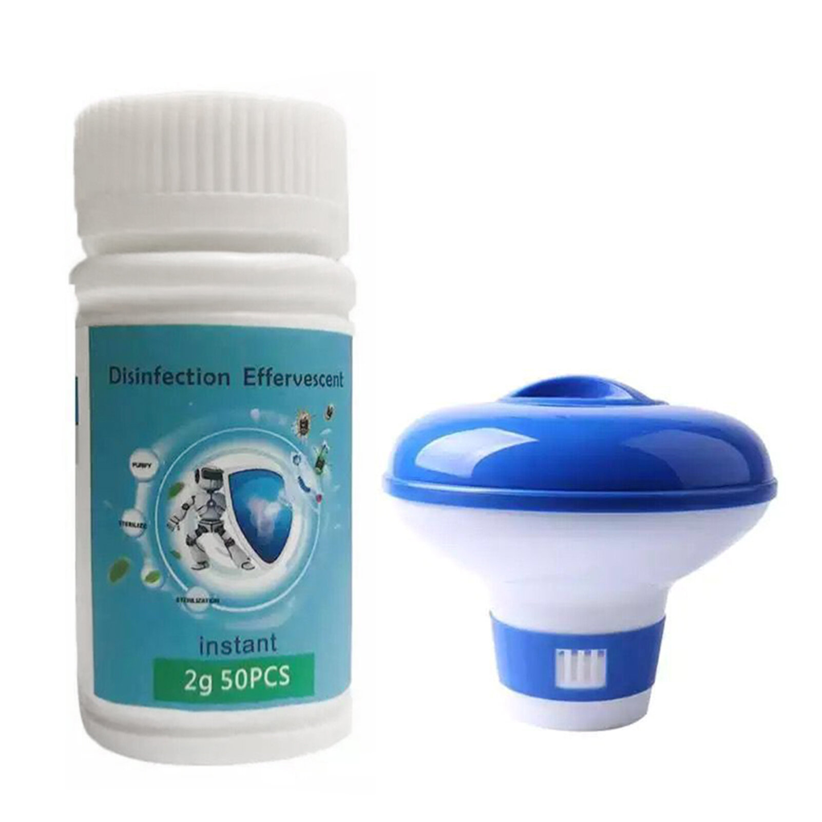 Мини-диспенсер для очистки бассейна с 50 таблеток очистителя, регулируемый поплавок для таблеток, набор для очистки бассейна, пластик, 120*120*135 мм, диаметр верхнего отверстия 55 мм, вес 204 г, 1 диспенсер, 50 таблеток в бутылке