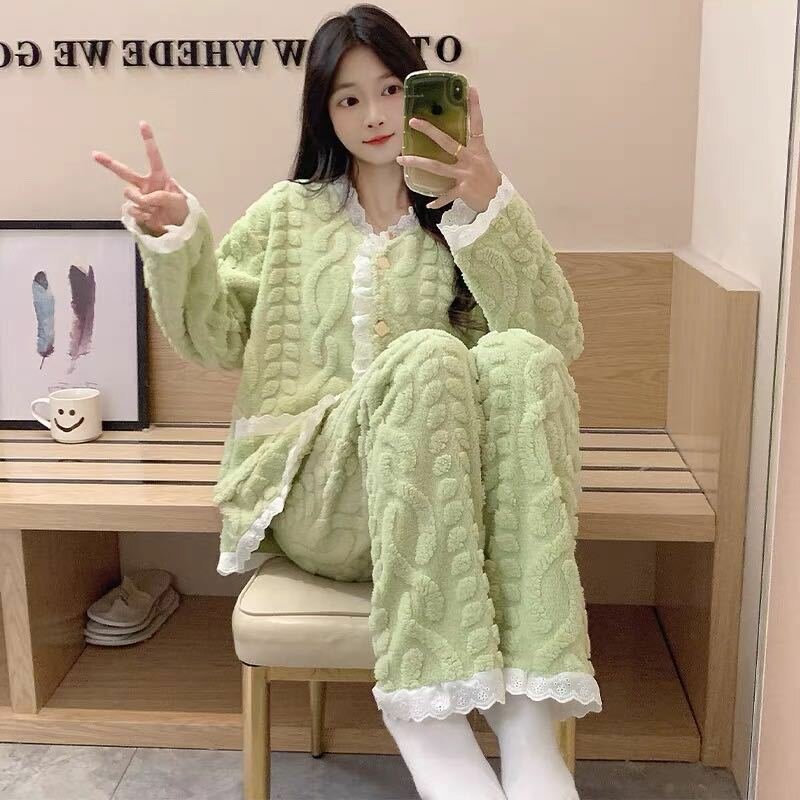 Пижамы из кораллового флиса для женщин, осень и зима, новый корейский стиль, сладкий маленький стиль Шанель, кружевная отделка, утолщенный теплый домашний комплект