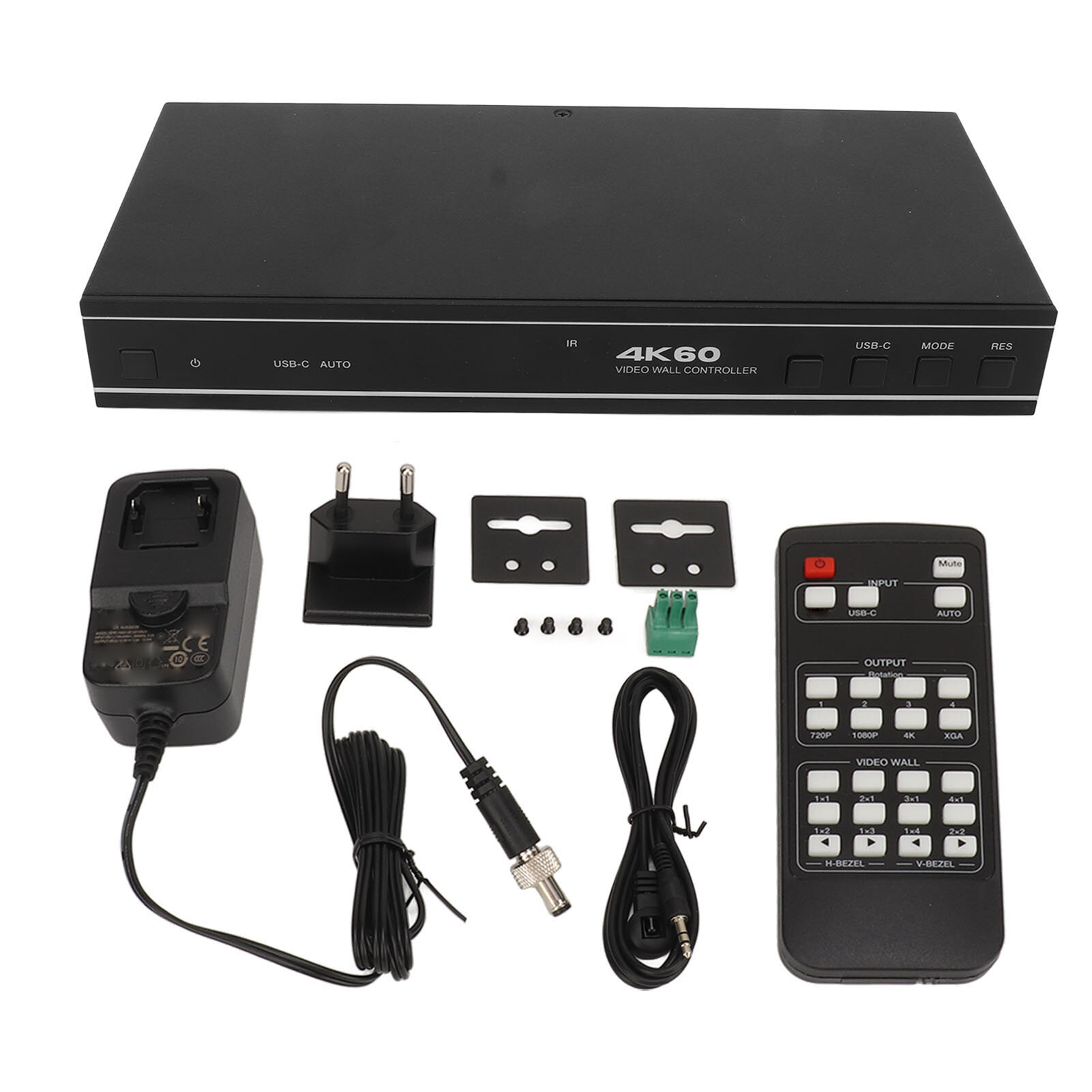 Контроллер видеостены, HDMI 4K 60 Гц, USB-C, поворот 180°, режимы 1x1, 2x1, 3x1, 4x1, 1x2, 1x3, 1x4, 2x2, пульт ДУ, RS232, 100-240В, евровилка