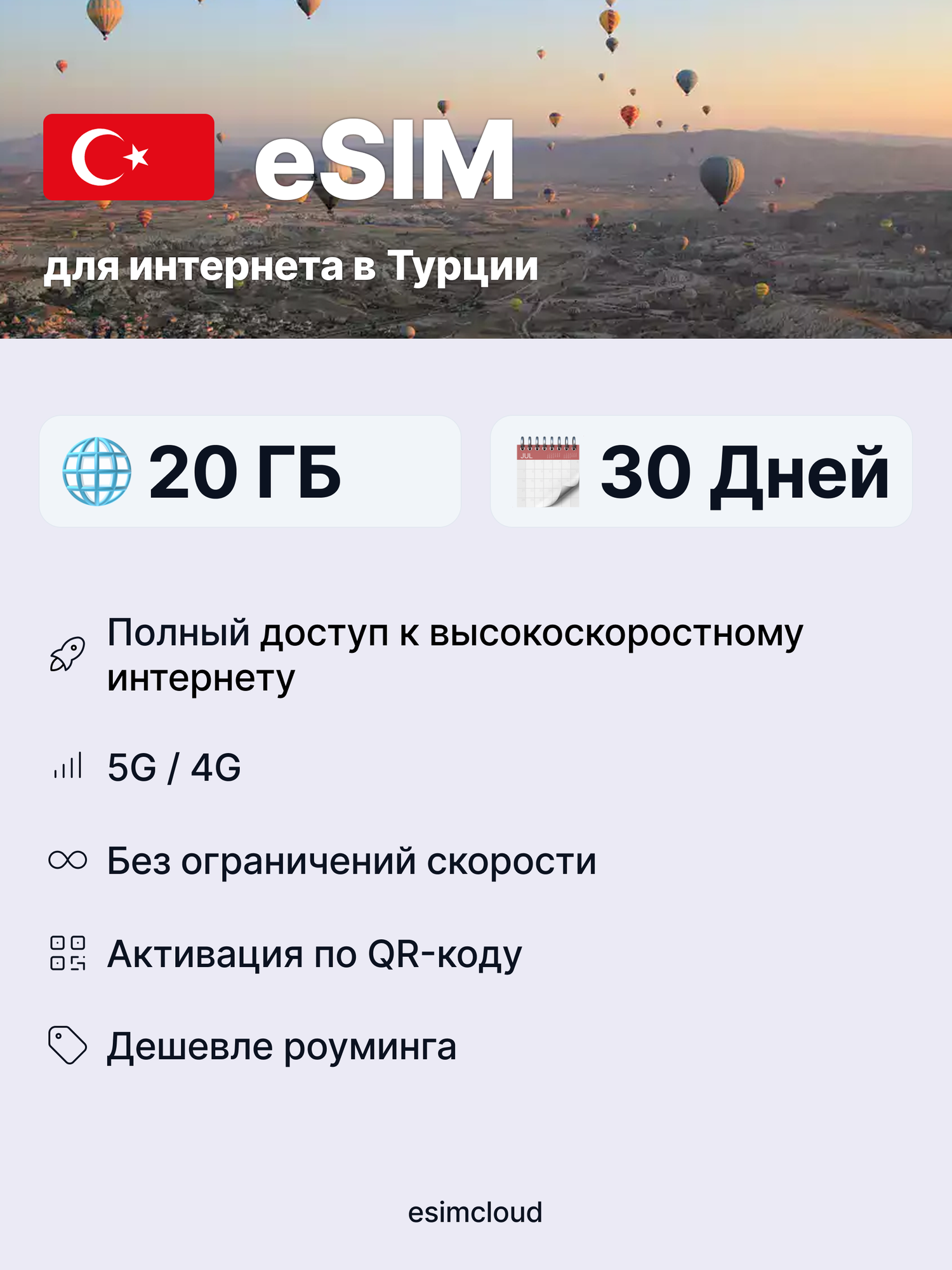 ESIM для Турции 20 ГБ / 30 дней • Мобильный интернет • Универсальная eSIM • 4G LTE / 5G • Смартфон и планшет